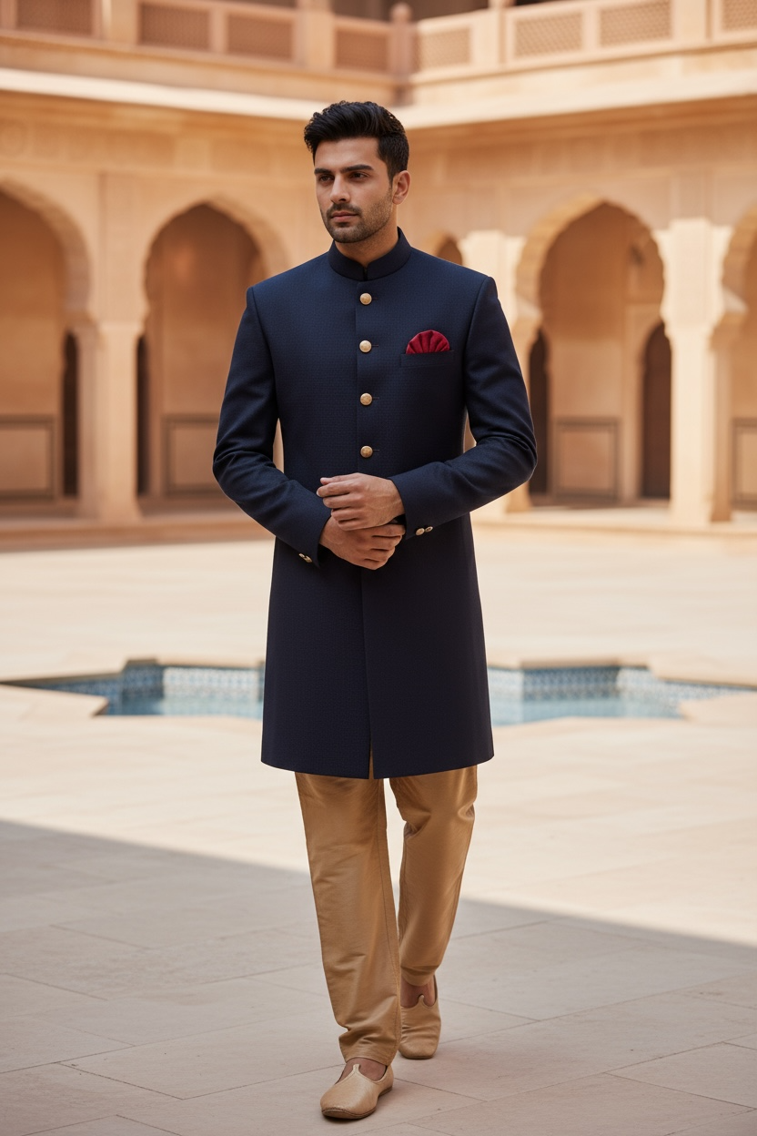 Mens Simple Navy Blue Sherwani - VL1910 RV1119 – Prachy Creations